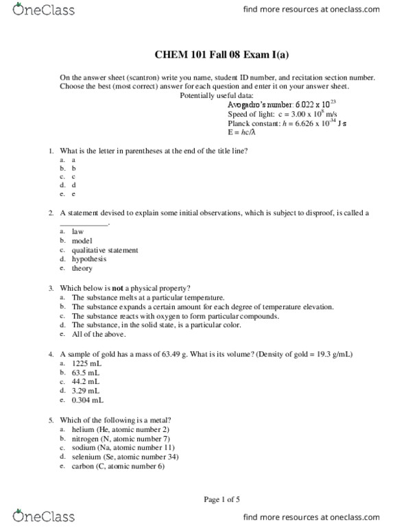 CHEM 101 Midterm: CHEM 101 Drexel CHEM 101 Exam 1 Fall 2008 with answer key - OneClass