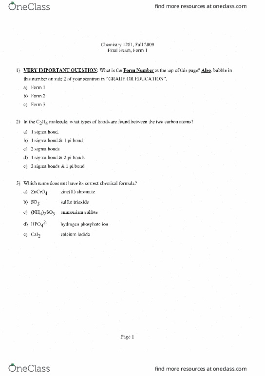 CHEM 1201 Final: CHEM 1201 Final Exam Fall 2009 - OneClass CHEM 1201 Final: CHEM 1201 Final Exam Fall 2009 - OneClass