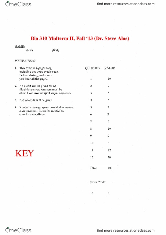 BIO 310 Midterm: BIO 310 Midterm II Fall - OneClass BIO 310 Midterm: BIO 310 Midterm II Fall - OneClass