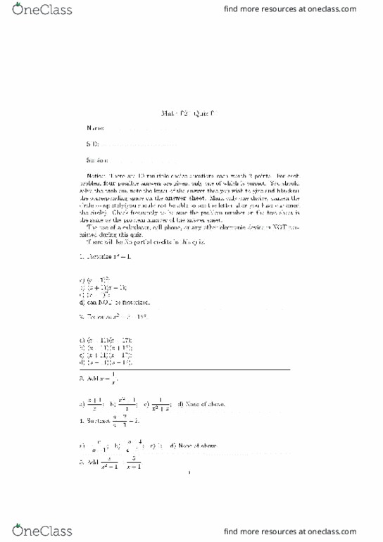 MATH 21 Quiz: MATH 021 Quiz 1 - OneClass