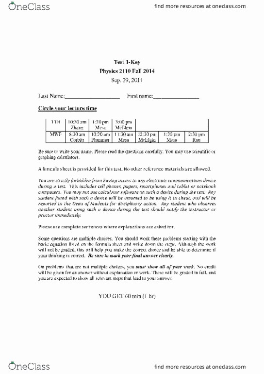 Phys 2110 Midterm Phys 2110 Exam 1 Oneclass