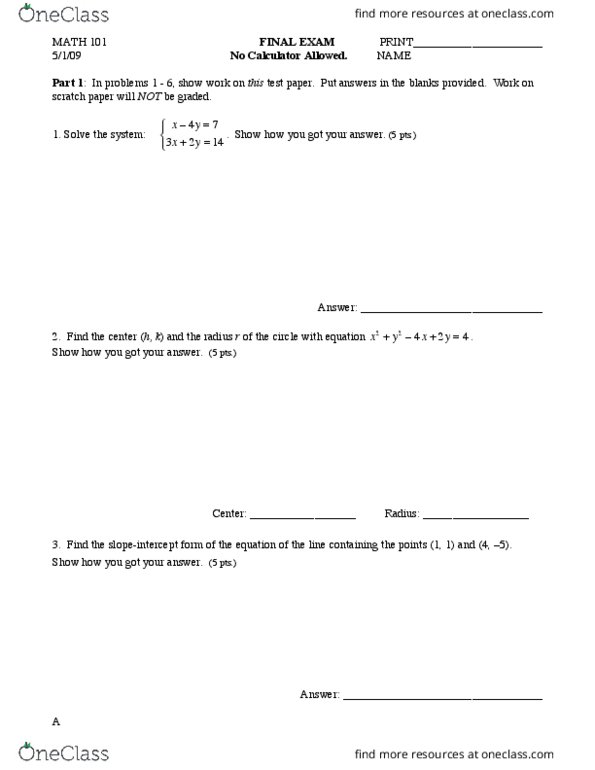 MATH 101 Midterm: MATH101 CofC math101sp09 - OneClass