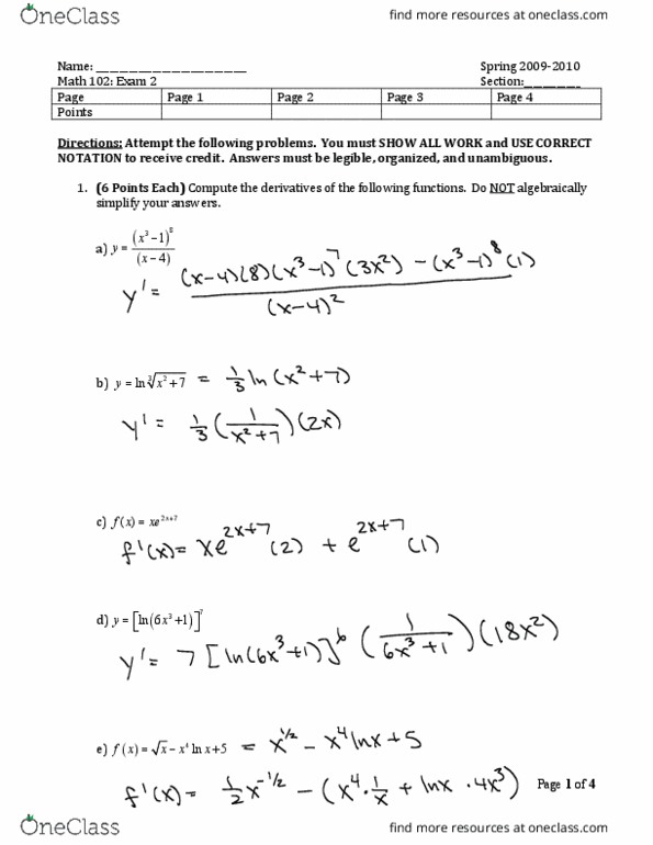 MATH 102 Midterm MATH 102 Drexel Math102 Exam2 Solutions OneClass