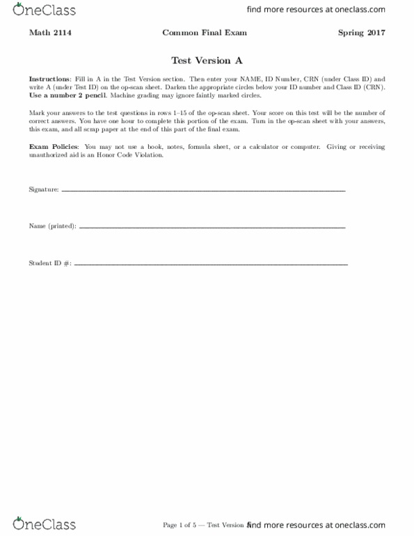 MATH 2114 Midterm: MATH 2114 VT 2114c Test f s17 - OneClass