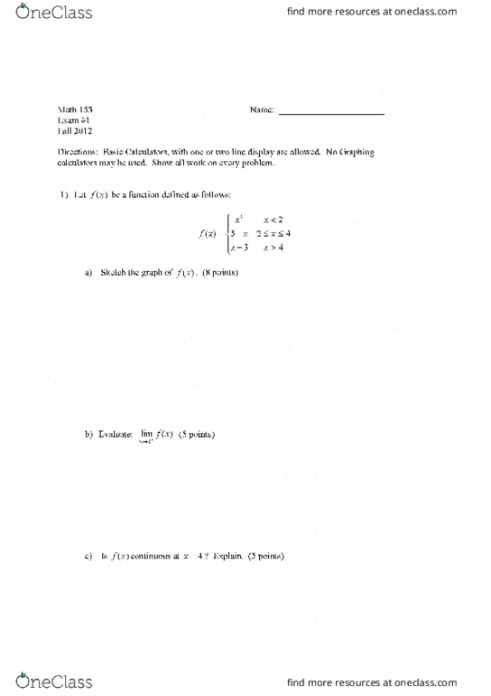 Math 153 Midterm Math 153 Exam 1 Fall 2012 Oneclass