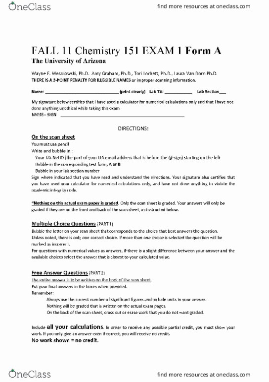 Chem 151 Midterm Chem 151 Exam 1 Fall 2011 Oneclass