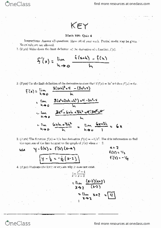 MATH 108 Quiz 4 Key OneClass