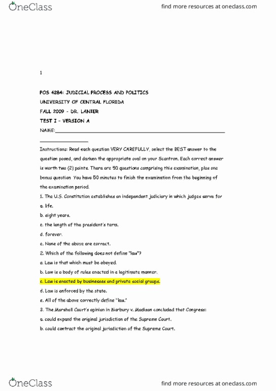 POS 4284 Midterm: POS 4284 Test 1 Version A - OneClass