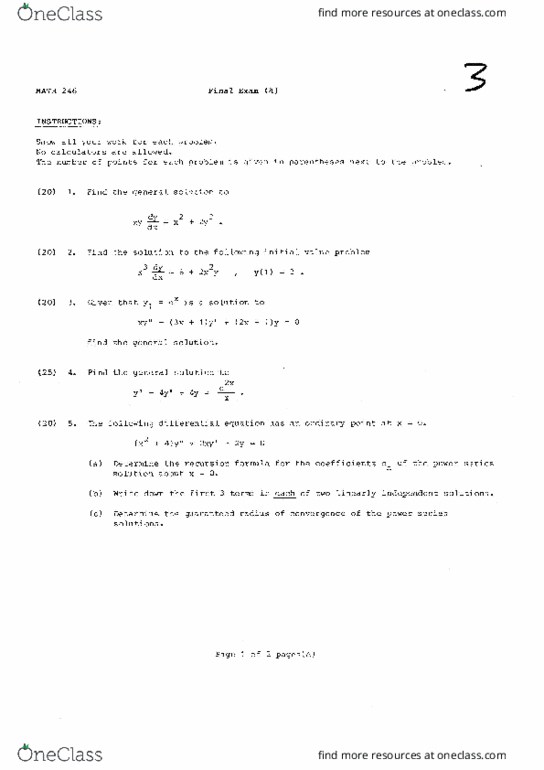 MATH 246 Final: Final Exam - OneClass