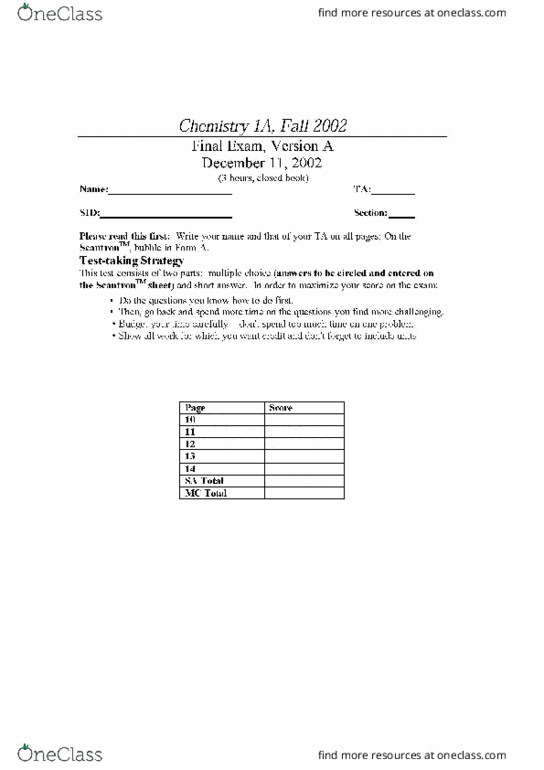 CHEM 1A Final: Final Exam - OneClass CHEM 1A Final: Final Exam - OneClass