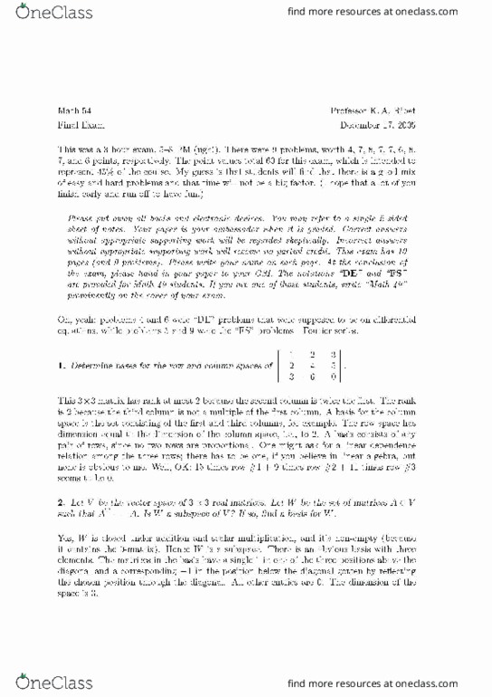 MATH 54 Final: Final Exam - OneClass