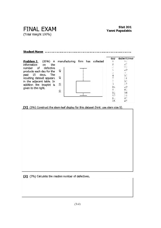 Stat 201 Final Final Exam Oneclass
