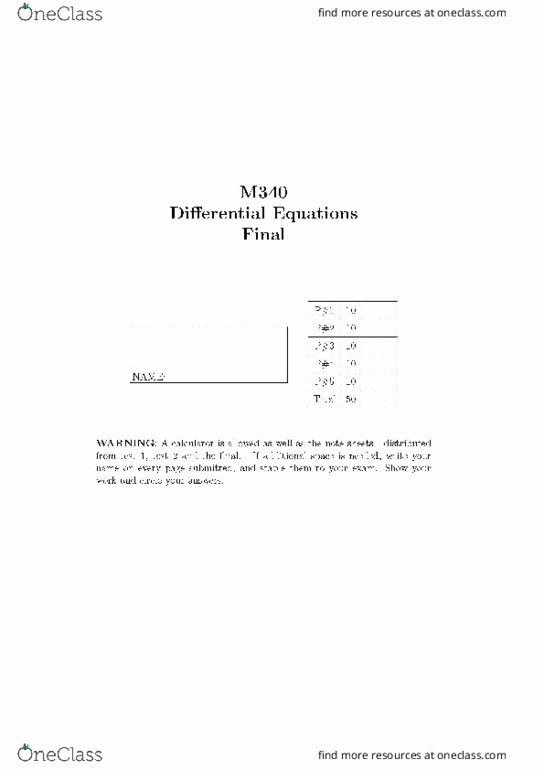 MATH 340 Final: Final Exam - OneClass