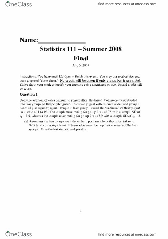 STAT 111 Final: Final Exam - OneClass STAT 111 Final: Final Exam - OneClass