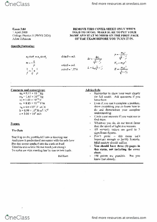 PHYS 2020 Midterm: Exam 3 - OneClass