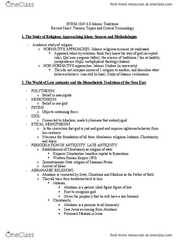 HUMA 1845 Study Guide - Winter 2019, Midterm - Abrahamic Religions ...