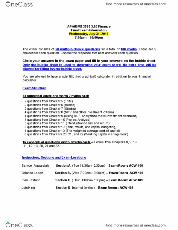 ADMS 3530 Study Guide - Fall 2019, Final - Corporate Finance, Capital ... ADMS 3530 Study Guide - Fall 2019, Final - Corporate Finance, Capital ...