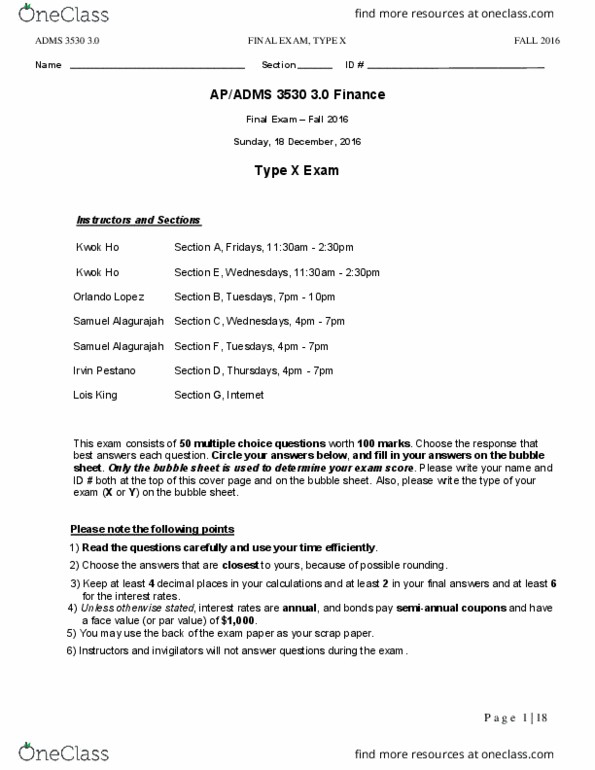 ADMS 3530 Study Guide - Fall 2019, Final - Capital Asset, Weighted ... ADMS 3530 Study Guide - Fall 2019, Final - Capital Asset, Weighted ...