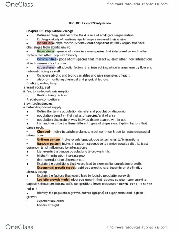 BIO 101 Study Guide - Fall 2019, Final - Logistic Function, Exponential ...