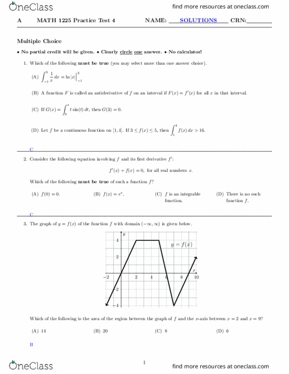 MATH 1225 Study Guide - Fall 2019, Midterm - Antiderivative, Integral ...