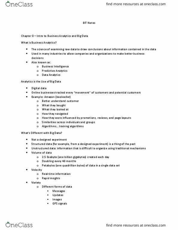 BIT 2405 Study Guide - Spring 2020, Quiz - Design Of Experiments, Unstructured Data, Digital Data