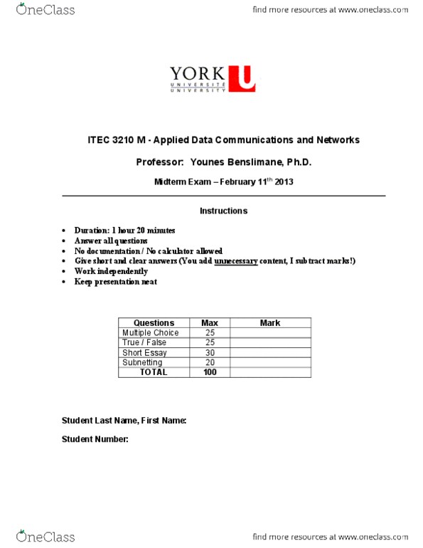 ITEC 3210 Study Guide - Winter 2014, Midterm - Reverse Address Resolution Protocol, Structured ...