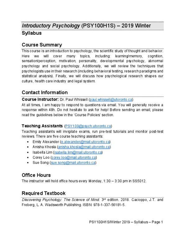 Syllabus for PSY100H1 Paul Whissell - OneClass