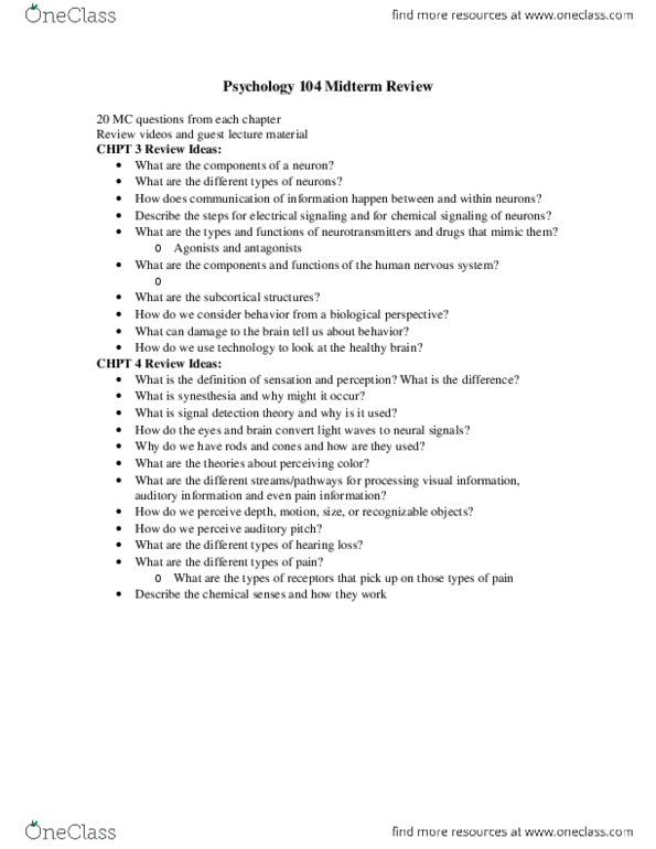 PSYCO104 Midterm: Psychology 104 Midterm Review.docx - OneClass