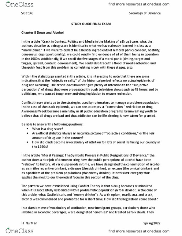 SOC 145 Study Guide - Fall 2022, final - Crack Epidemic, Moral Panic ...