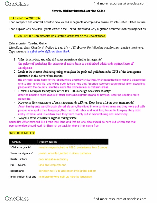 : New vs Old Immigrants Learning Guide (3) - OneClass