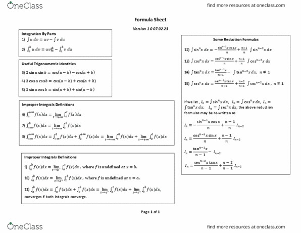 Formual Sheets Midterm Test Winter 2023 Ver 070223 1200 Hrs4 - OneClass