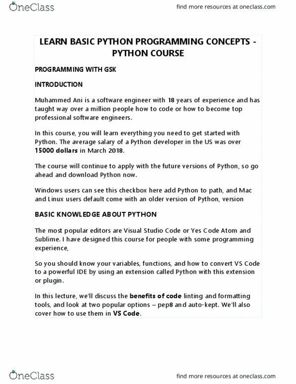 Basic Python Concepts For Begineers Oneclass