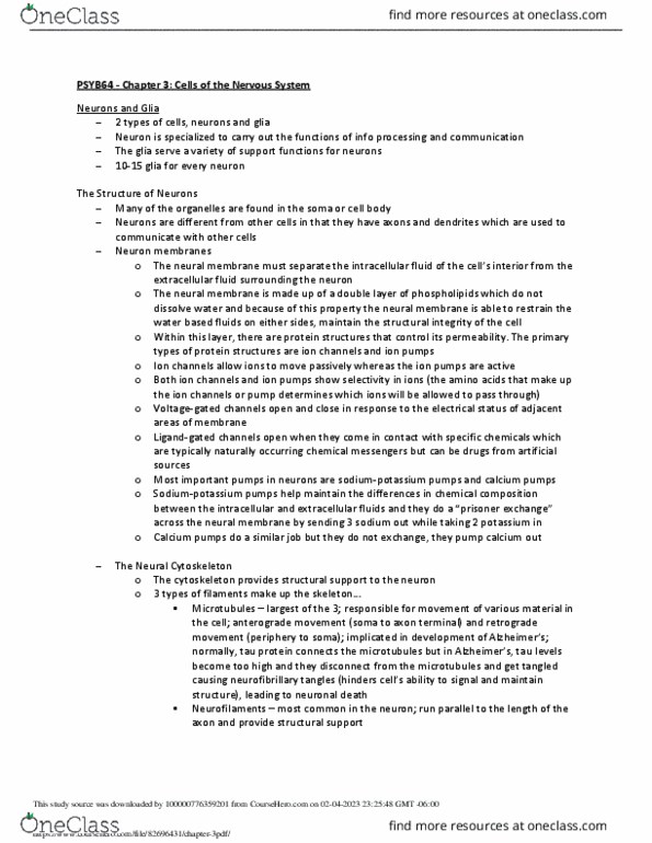 PSY102 Lecture Notes - Spring 2023, Lecture 3 - Neurofibrillary Tangle ...