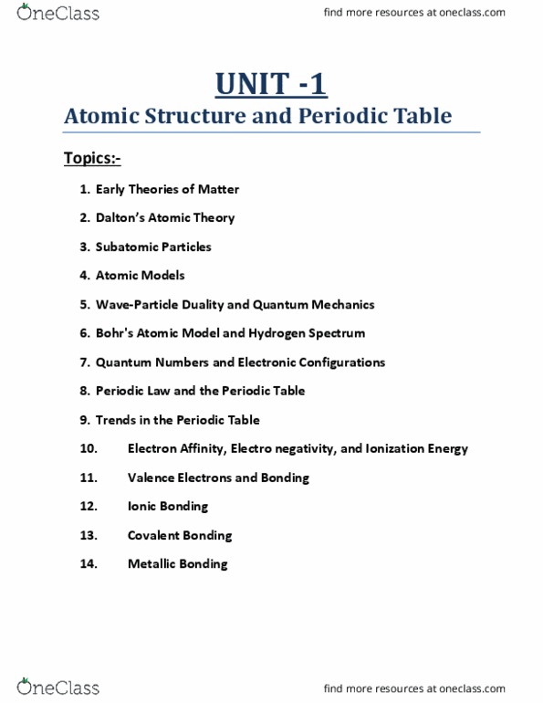 Lecture : chapter 1 -Atomic Structure and Periodic Table - OneClass