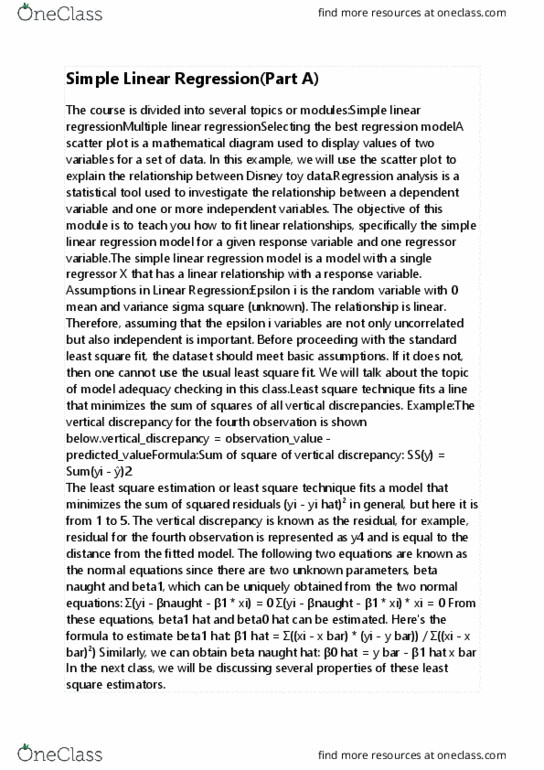 Mth 416 Regression Analysis Lecture Notes Spring 2023 Lecture 1 Simple Linear Regression