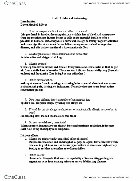 ENY 3005 Study Guide - Spring 2023, quiz - Parasitic Disease ...
