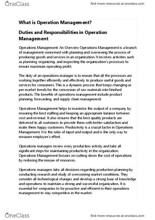 OPERATION MANAGEMENT ROLE Study Guide - Spring 2023, midterm - Operations Management, Production ...