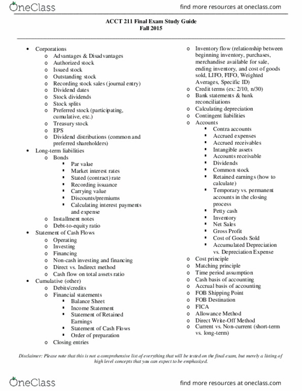 ACCT 211 Study Guide - Spring 2016, final - Petty Cash, Treasury Stock ... ACCT 211 Study Guide - Spring 2016, final - Petty Cash, Treasury Stock ...