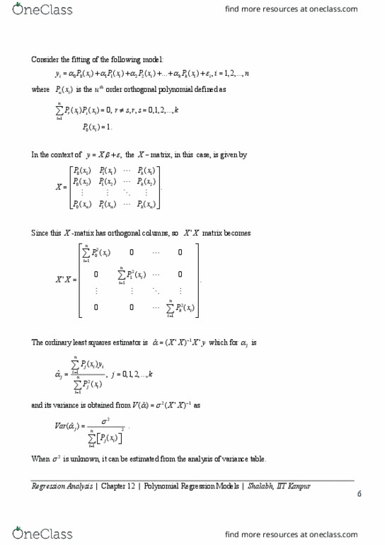 Mth 416 Regression Analysis Lecture Notes Fall 2016 Lecture 12 Indian Institute Of