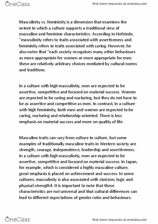 : Hofstede Masculinity vs Femininity - OneClass