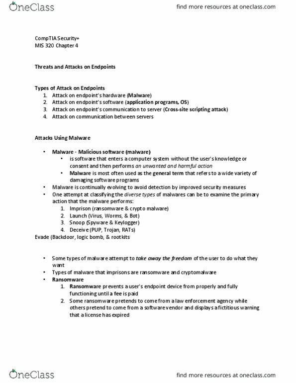 MIS 320 Study Guide - Spring 2023, midterm - Ransomware, Comptia, Malware