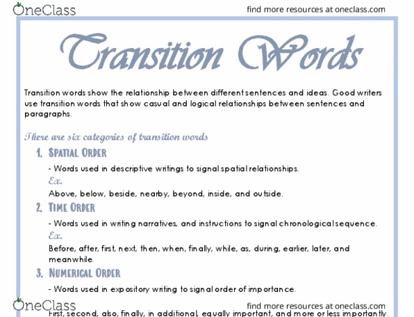 ENGLISH Lecture : Transition Words - OneClass