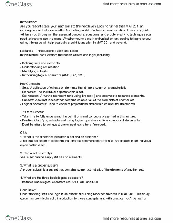 MAT 201 Study Guide - Spring 2023, midterm - Subset, Set Notation