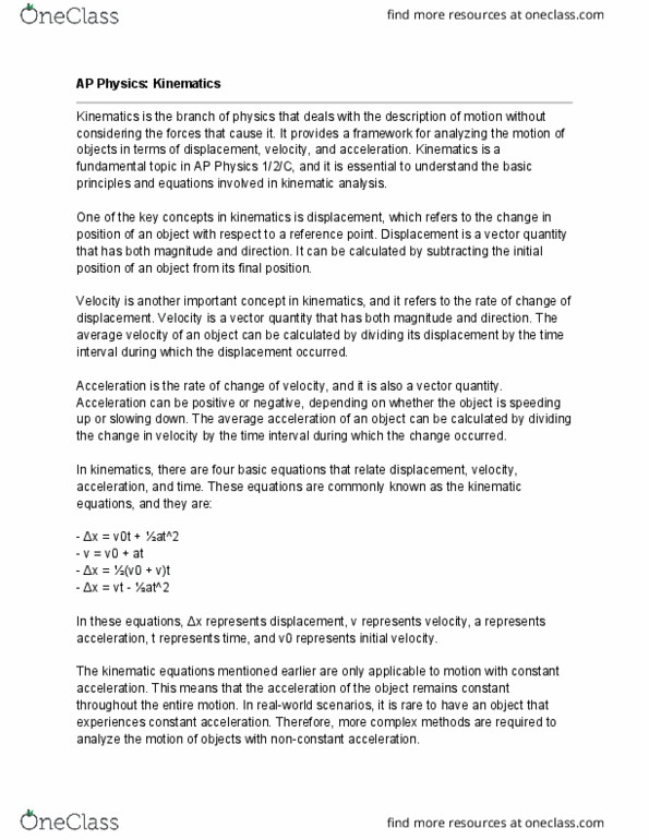 AP PHYSICS 1 (AB) quiz: AP Physics- Kinematics - OneClass