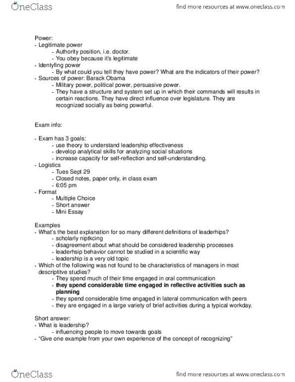 MGCR 222 Study Guide - Spring 2014, - T Power, Transformational Leadership