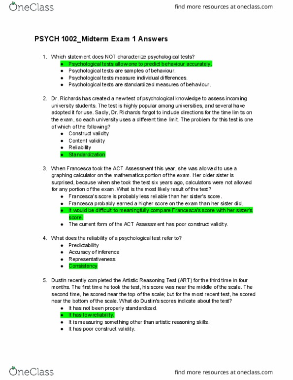 Psyc 1002 Psyc 1002midterm Exam 1 Oneclass