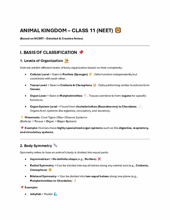 BIOLOGY Chapter : NCERT ANIMAL KINGDOM NOTES - OneClass