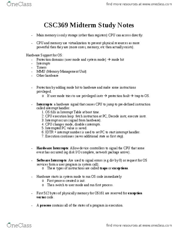 CSC369H1 Study Guide - Fall 2013, Midterm - Interrupt Handler, Operating System, Process State