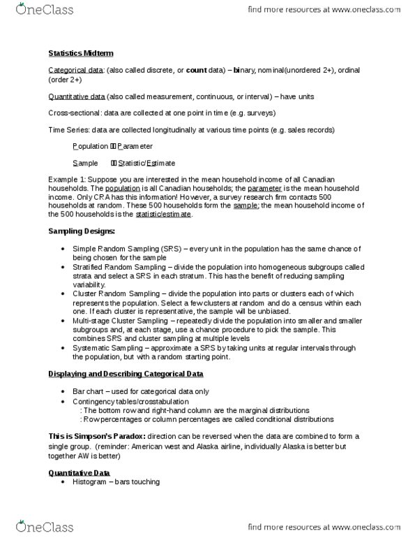 COMM 291 Study Guide - Spring 2013, Midterm - Cluster Sampling, Standard Deviation, Confounding