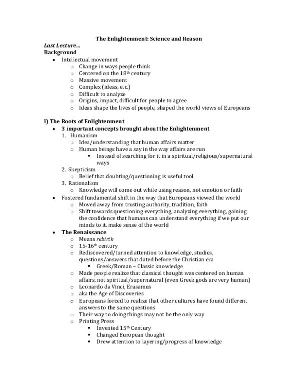 History 1401E Lecture 4: Lecture 4 - The Enlightenment - OneClass